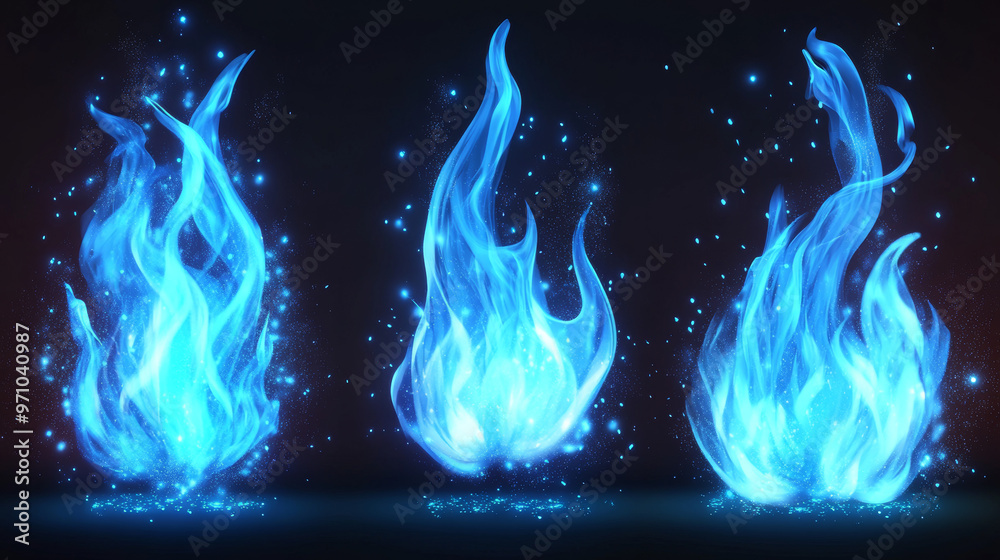 3D blue fire flame icons with sparks, symbolizing energy and power ...