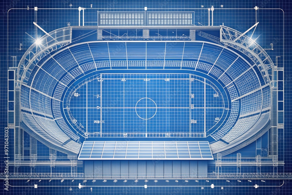 Detailed architectural blueprint illustration of a modern sports ...
