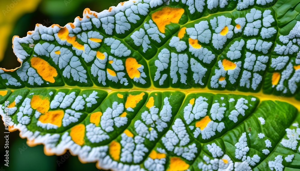 Intricate details of powdery mildews impact on a green leaf, showcasing ...