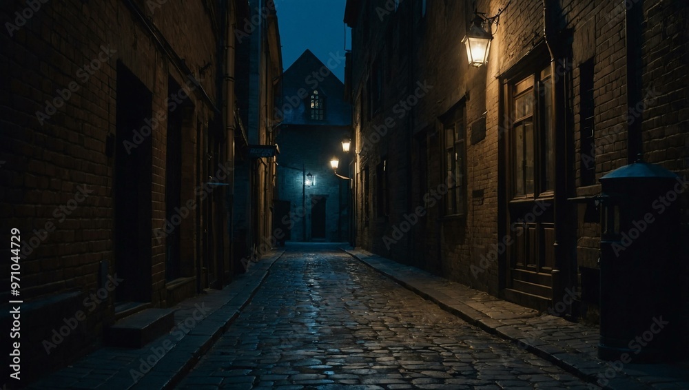 Dark alleyway in a gothic town, lit by flickering gas lamps. Stock ...
