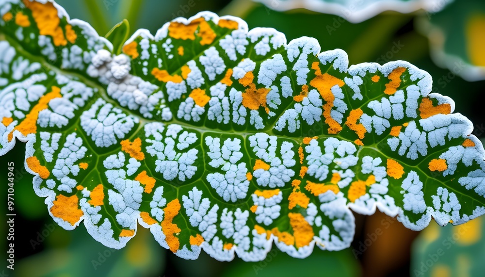 Intricate details of powdery mildews impact on a green leaf, showcasing ...