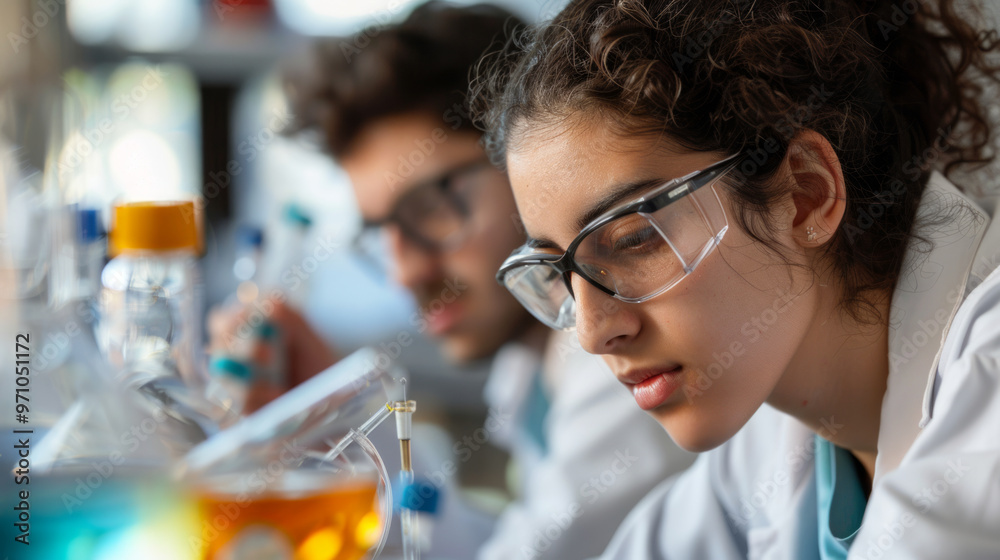 Students conducting a chemistry experiment using various beakers and ...
