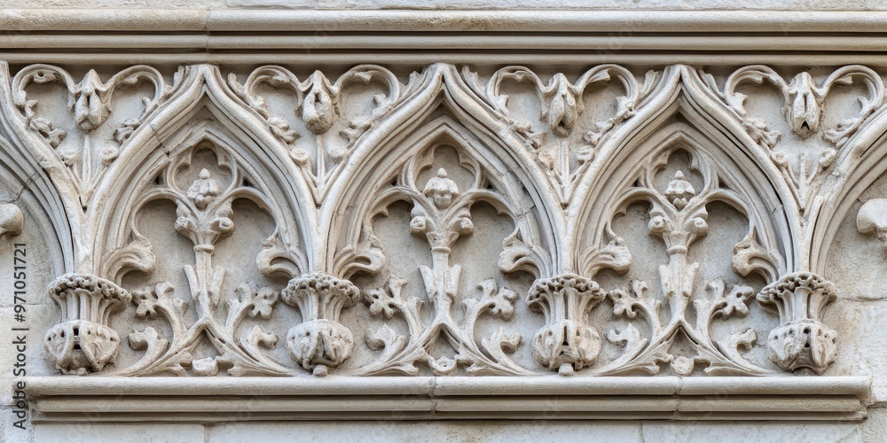 Intricate stone carving featuring gothic arches and detailed floral ...