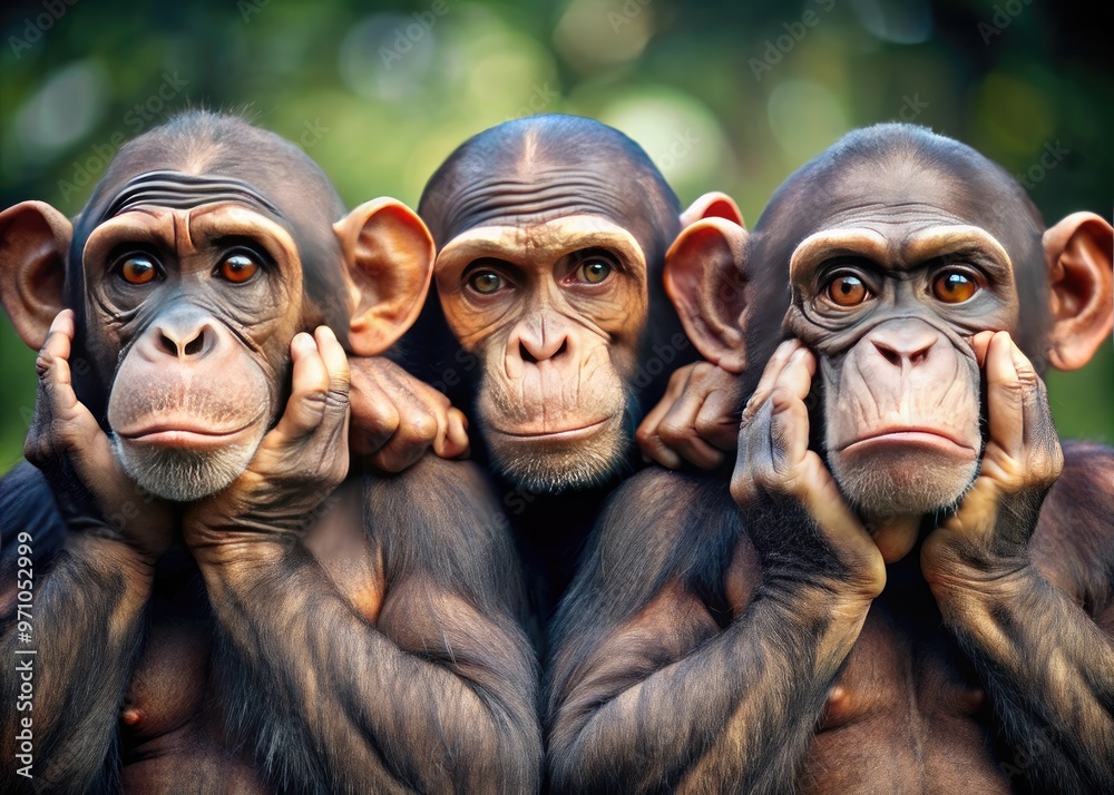 Four wise primates, one covering eyes, one covering ears, one covering ...