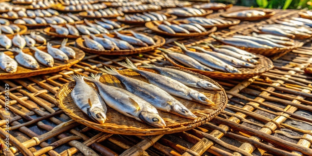 Freshly salted and dried daing fish lay flat on woven bamboo trays ...