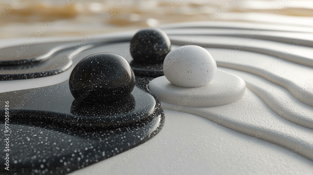 the Yin Yang stones in sand, representing balance and harmony with an ...