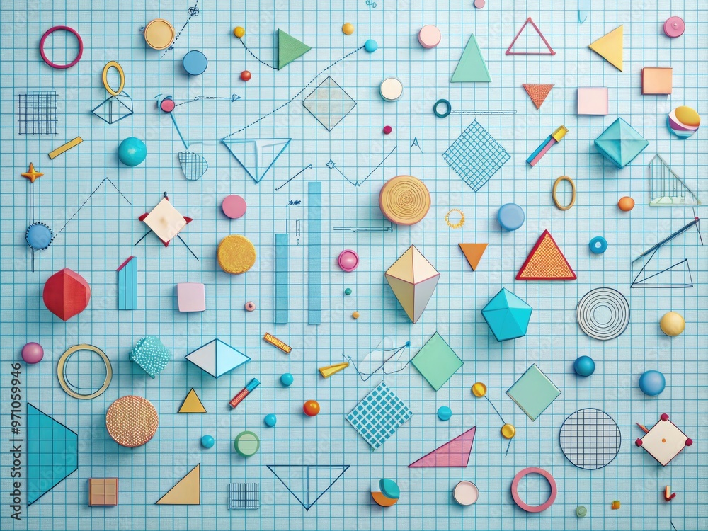 Geometric shapes, lines, and icons scattered across a grid of light ...