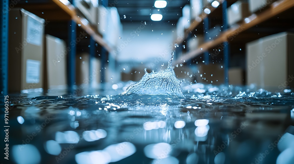 Flooded basement scene, water lapping at the ceiling, shelves submerged ...