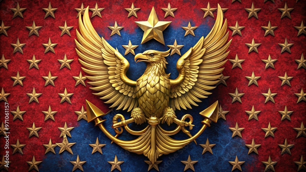 Gold eagle perched atop fouled anchor, surrounded by scrollwork and ...