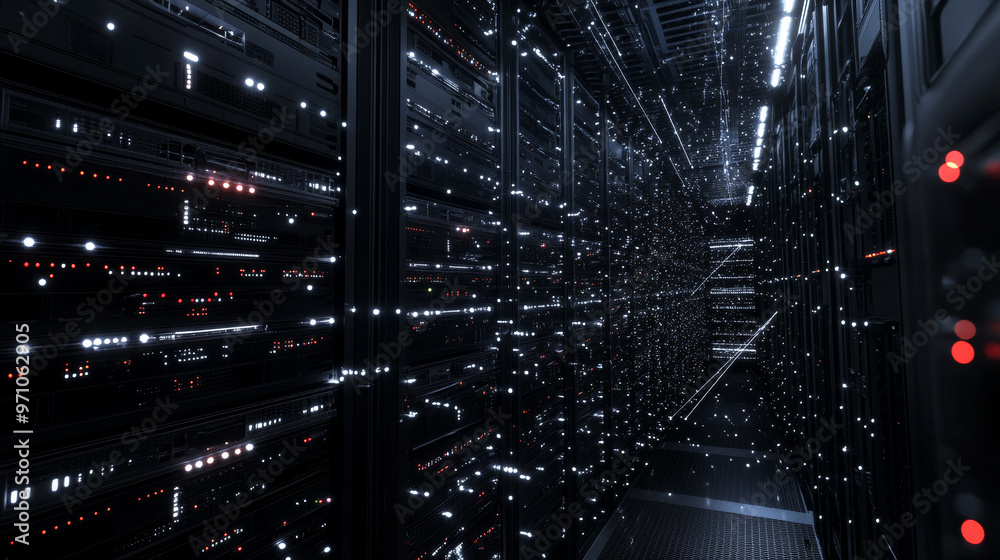A 3D image showing the network connections inside a dark, secure data ...