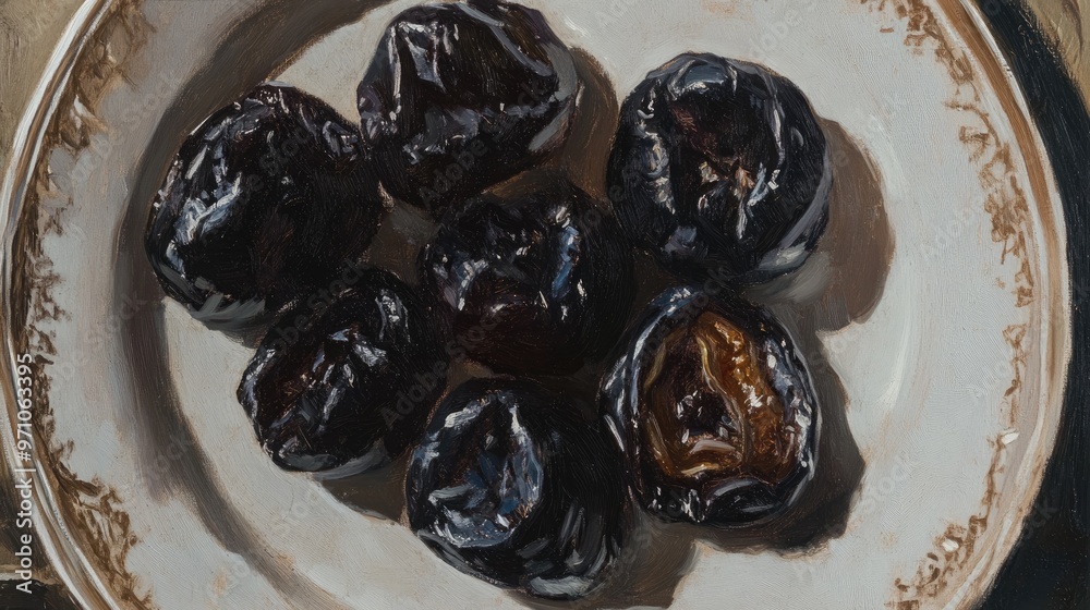 Oil painting depicting dried prunes on a plate showcasing a top down ...