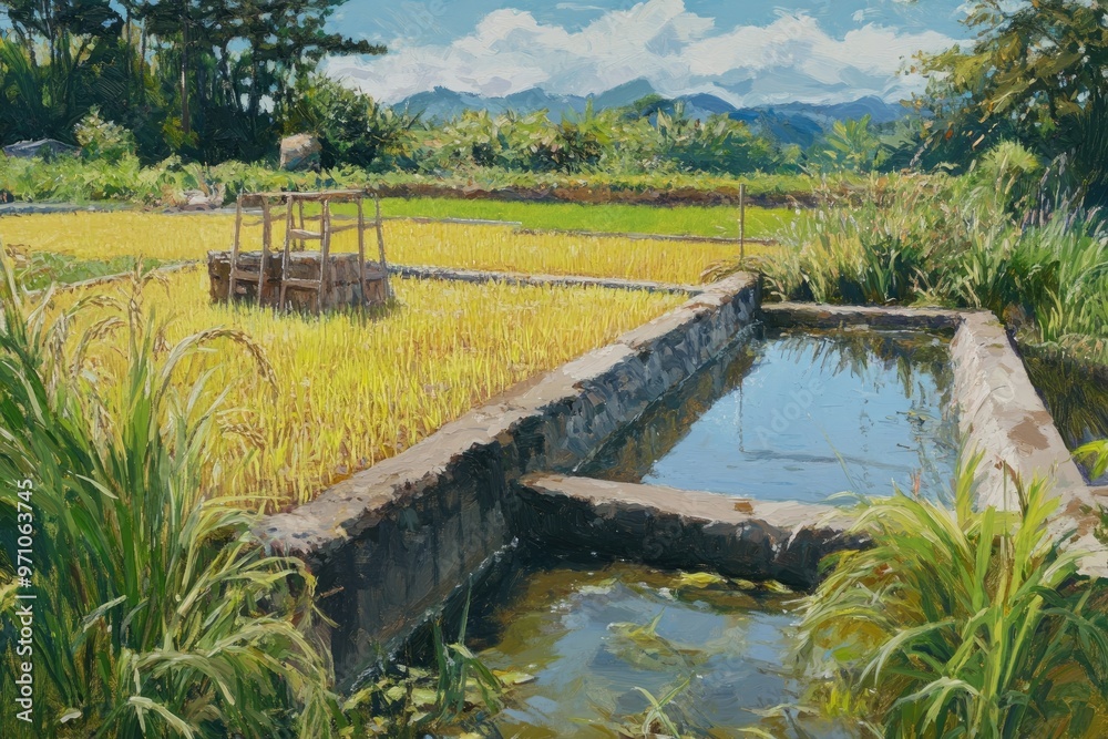 Oil painting depicting a rice field within a fish pond setup ...