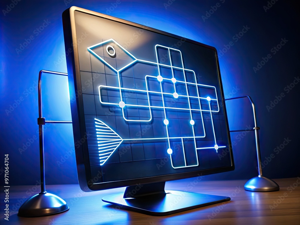 Illuminated diagram on a computer screen displays a fishbone chart ...