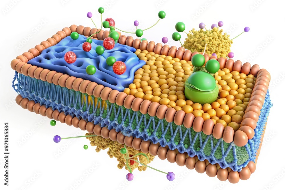 Illustration of fluid mosaic model showing phospholipid bilayer structure with embedded proteins ...