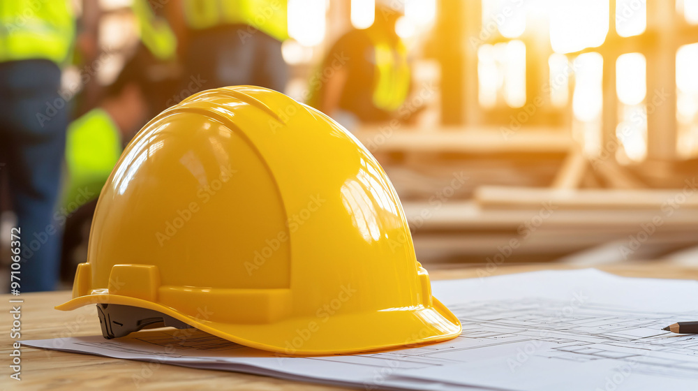 A yellow hard hat is placed on desk with sunlight hitting it ...