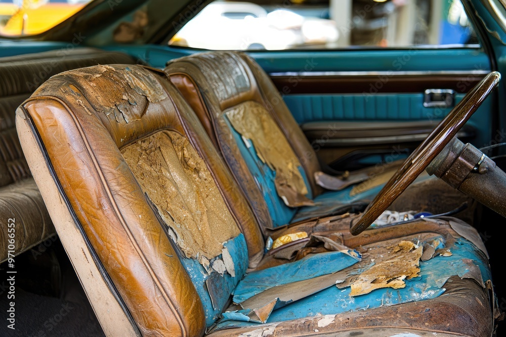 Worn-out car seats showcasing cracked leather and faded upholstery ...