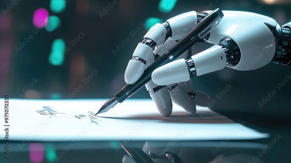 A robotic hand holding a pen and writing neatly on paper, a ...
