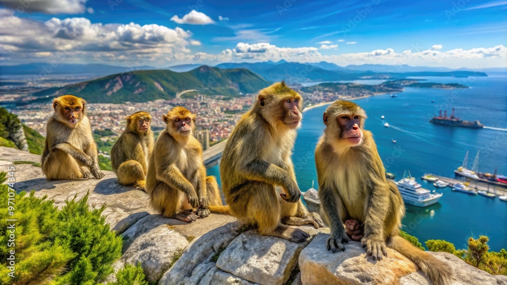 Macaque monkeys roam freely along the scenic rocky coastline and ...