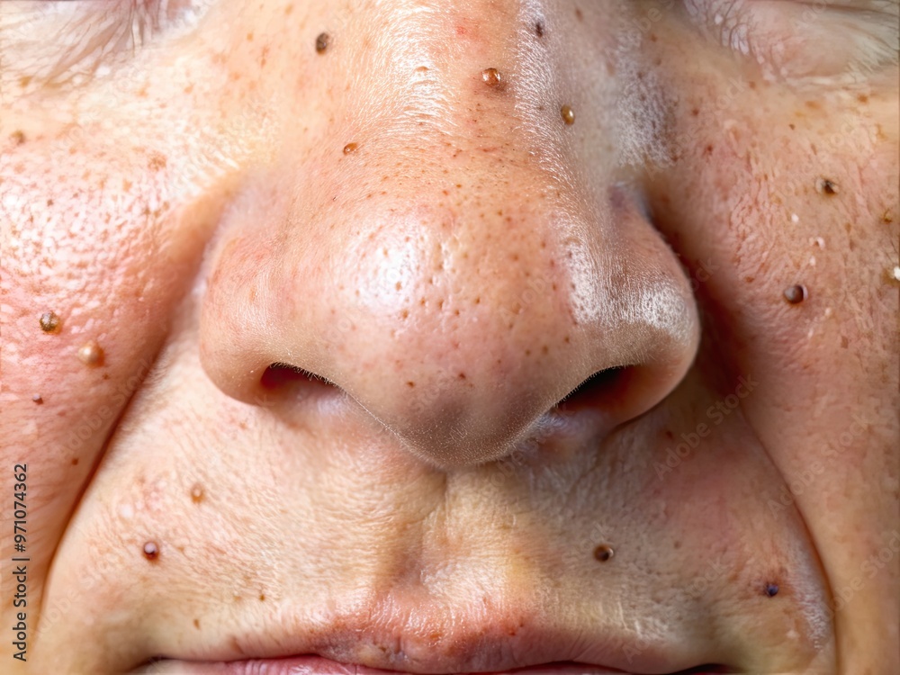 Macro close-up of clogged pores on nose and forehead, showcasing ...