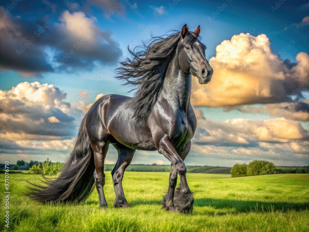 Majestic black Friesian stallion with shiny coat and flowing mane ...