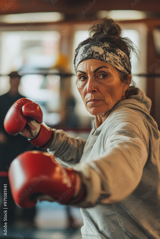 A middle-aged female boxer, with a fierce expression, practices her ...