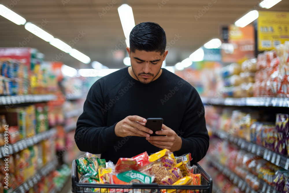 Young Hispanic man scrolling through his phone while shopping in the ...