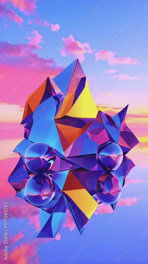 Complex 3D geometric shapes rise from a smooth reflective surface in ...