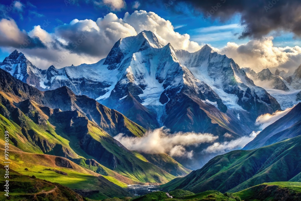 Majestic snow-capped Himalayan mountain range with rugged, eroded peaks ...