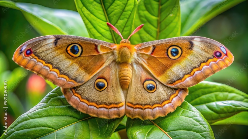 Male Polyphemus moth perches on a leaf, its striking lime-green wings ...