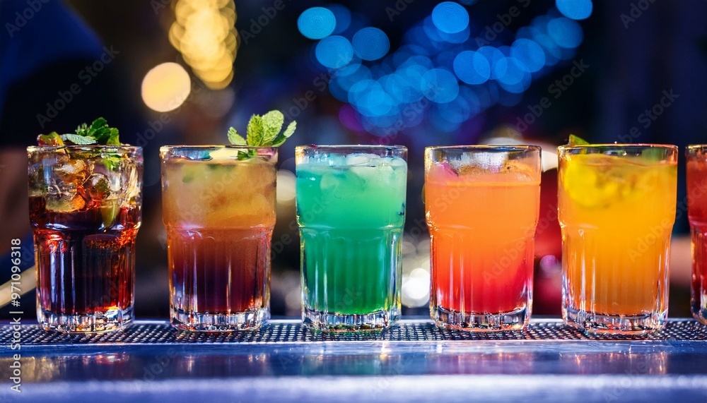 Beautiful row line of different coloured liquor alcohol cocktails on a ...