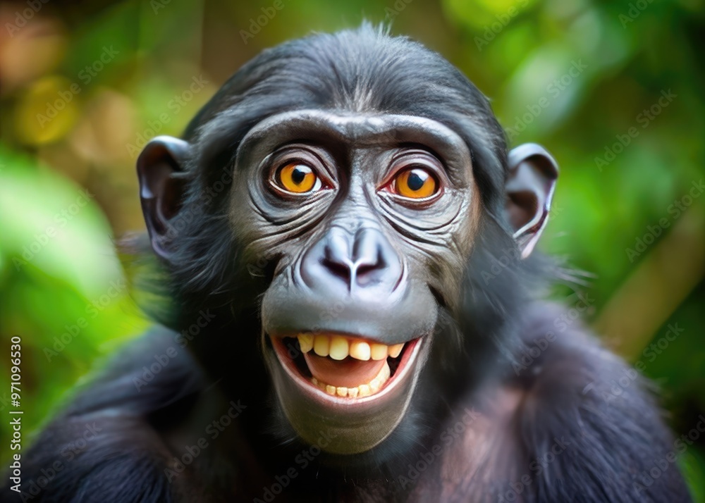 Playful primate with shiny black fur and bright inquisitive eyes beams ...