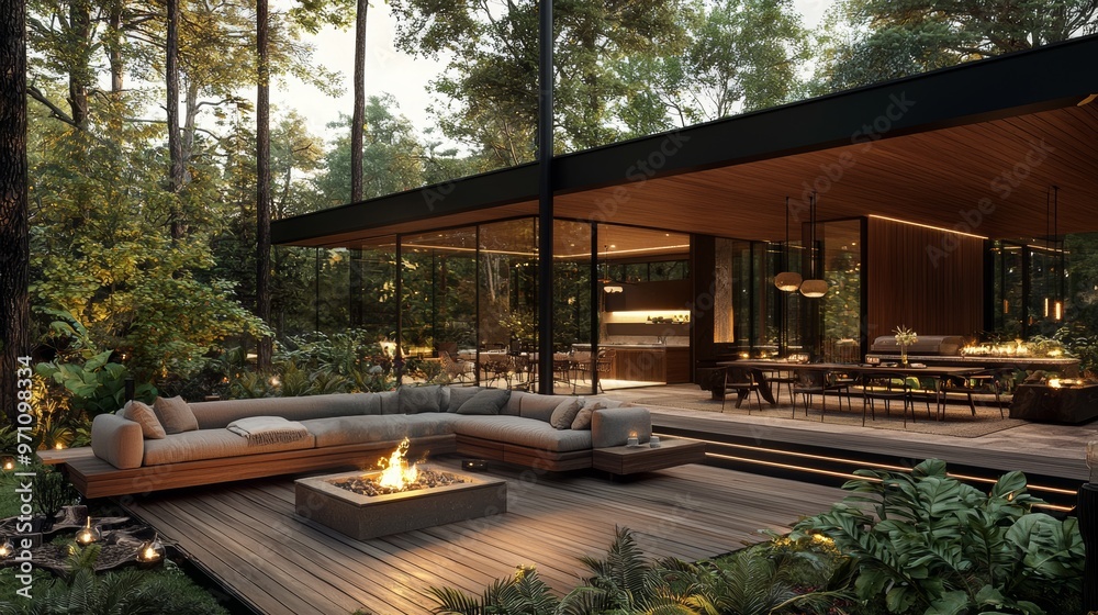 Natural wood deck with rattan sectional and stone fire pit surrounded ...
