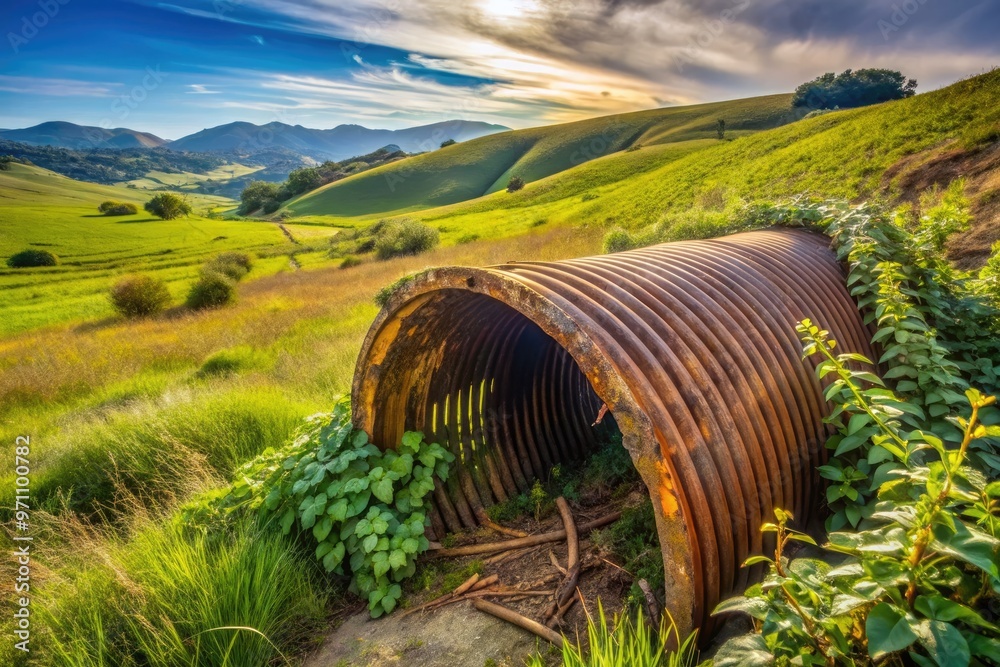 Rusted corrugated metal culvert pipe lies abandoned in a rural field ...