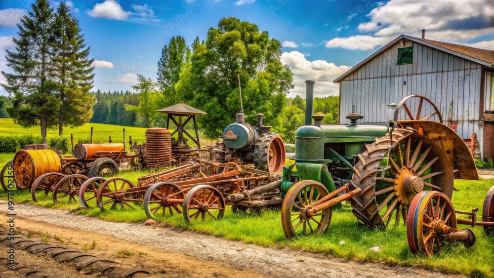 Rustic metal farm tools and modern machinery, including tractors, plows ...