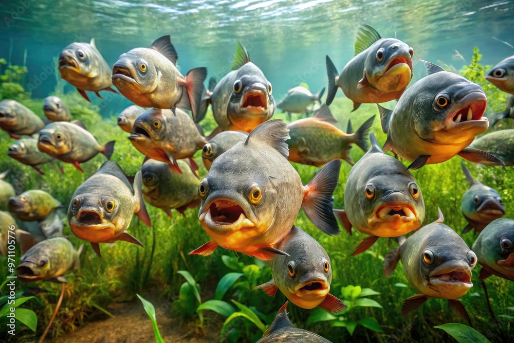 School of ferocious piranhas swim together in murky Amazon River waters ...