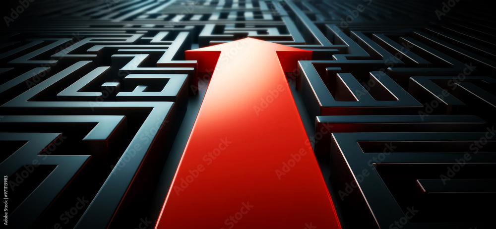 Close-up of a Red Arrow passing through a black Labyrinth or Maze walls ...