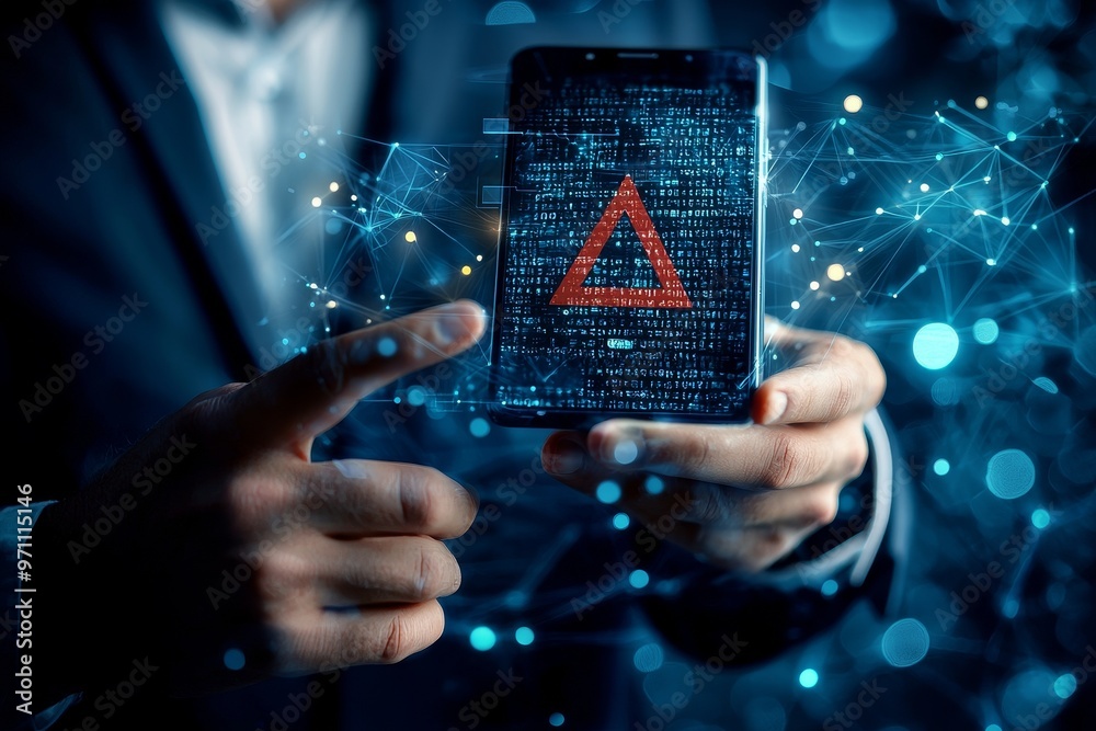 Hacking warning alert. Person uses phone with virtual warning sign for ...