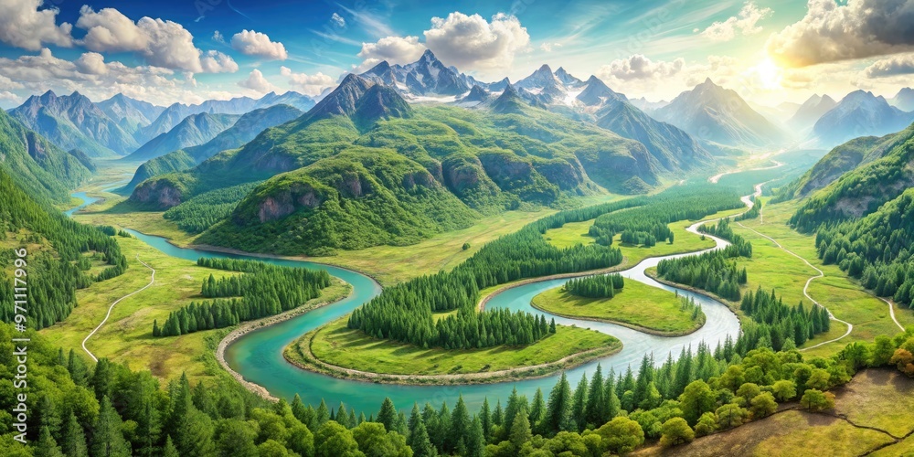 Serene mountain landscape featuring a meandering river, surrounded by ...