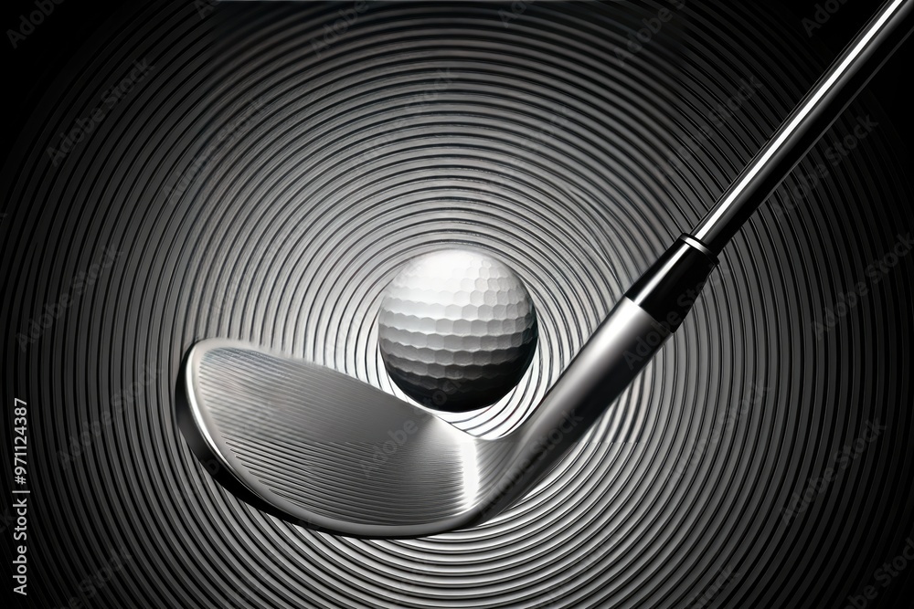 Simple, elegant illustration of a golf club and ball on a circular ...