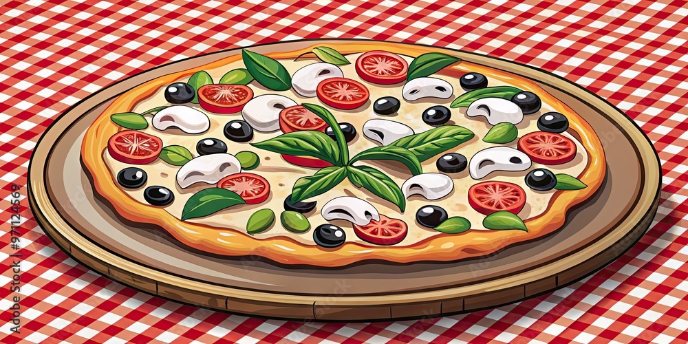 Simple, hand-drawn illustration of a classic pizza with melted ...