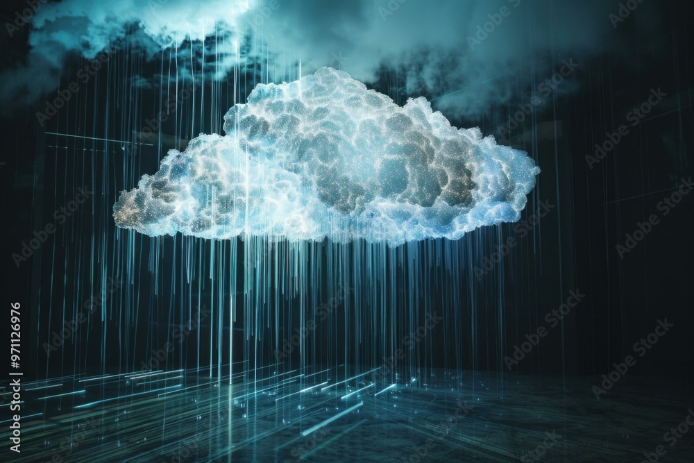 Data raining down from digital cloud computing network on server room ...