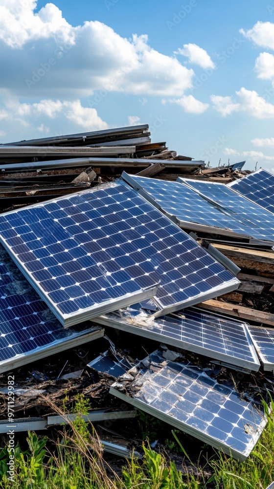 Deteriorating solar panels stacked amidst debris under a bright sky ...