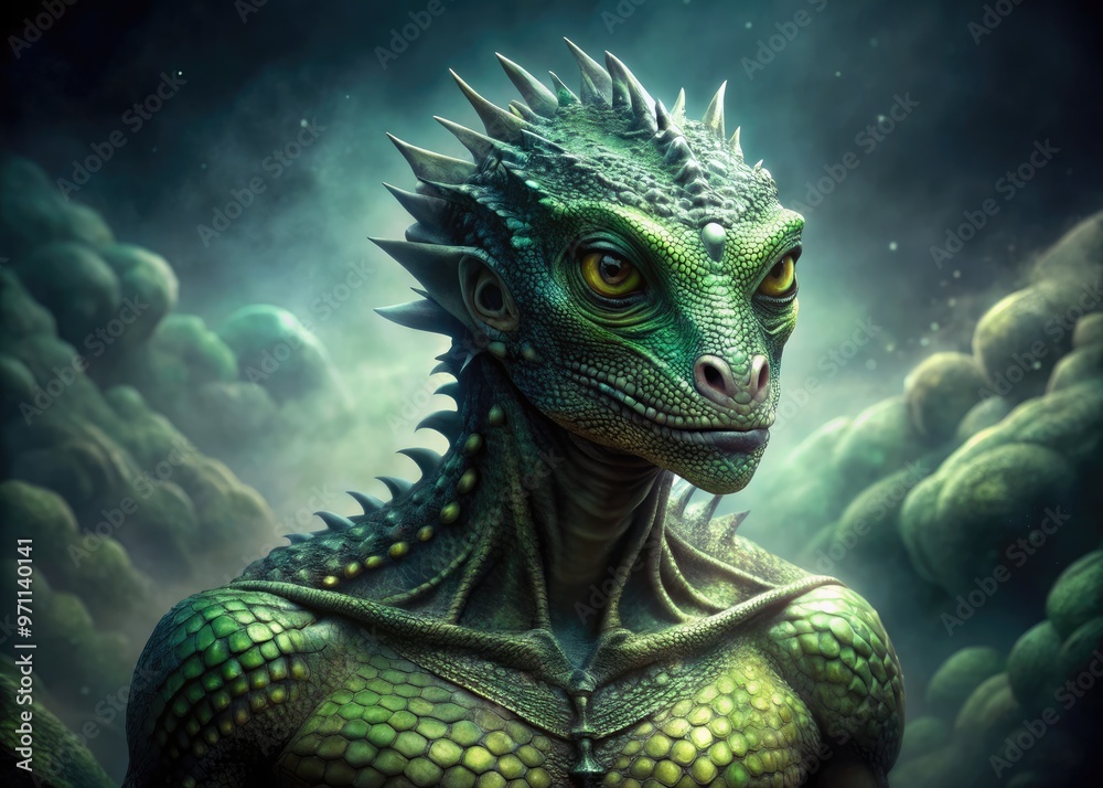 Surreal digital artwork depicting a humanoid figure with scaly, green ...