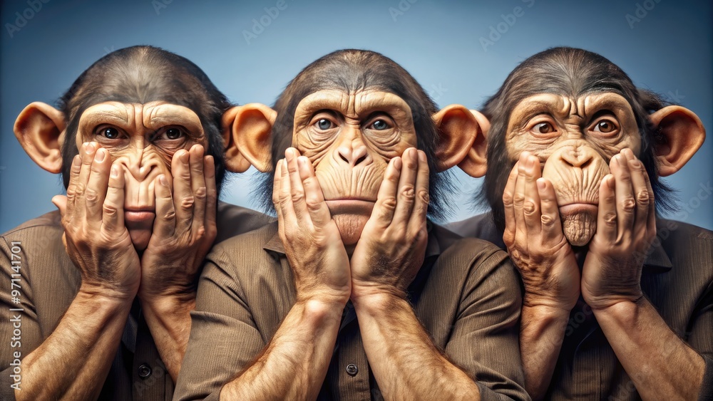Three wise monkeys cover their eyes, ears, and mouth, symbolizing the ...