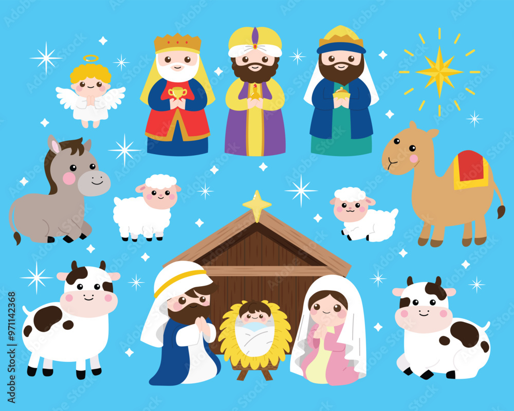 Nativity scene with cartoon baby Jesus, Mary, Joseph and the three wise men in Bethlehem clipart ...