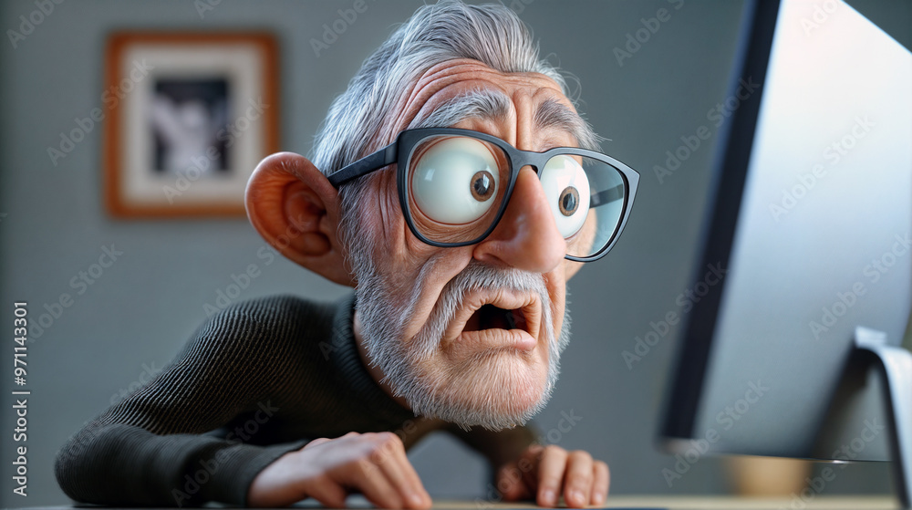 elderly man confused while typing on a computer with an open mouth and ...