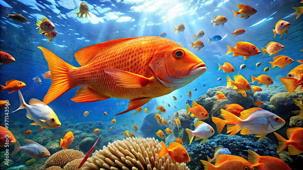 Underwater scene featuring a vibrant orange fish with a human-like face ...