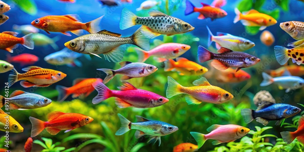 Vibrant assortment of freshwater fish, including neon tetras, guppies ...