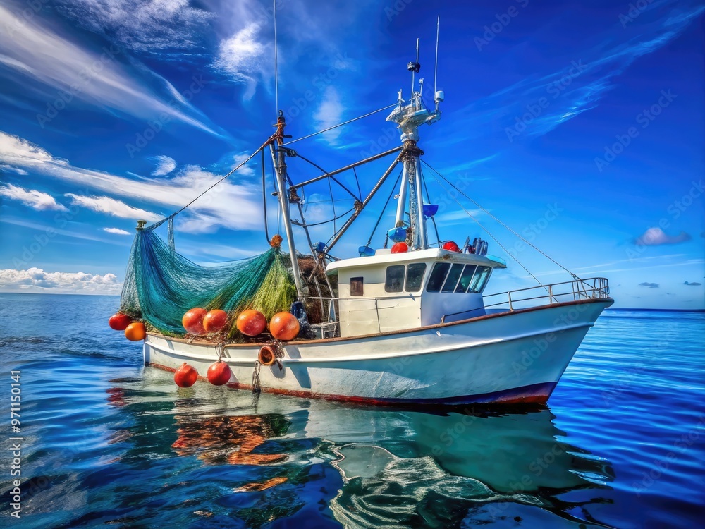 Vibrant blue ocean surrounds a sleek, weathered commercial tuna fishing ...