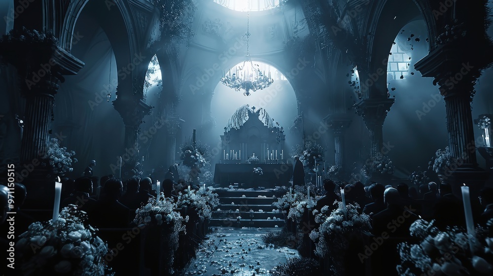 Moody and atmospheric interior of an old, dimly lit church during a ...